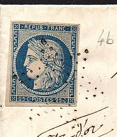 France 1st CERES Issue 1852 No 4b Only On Letter 25 C Blue