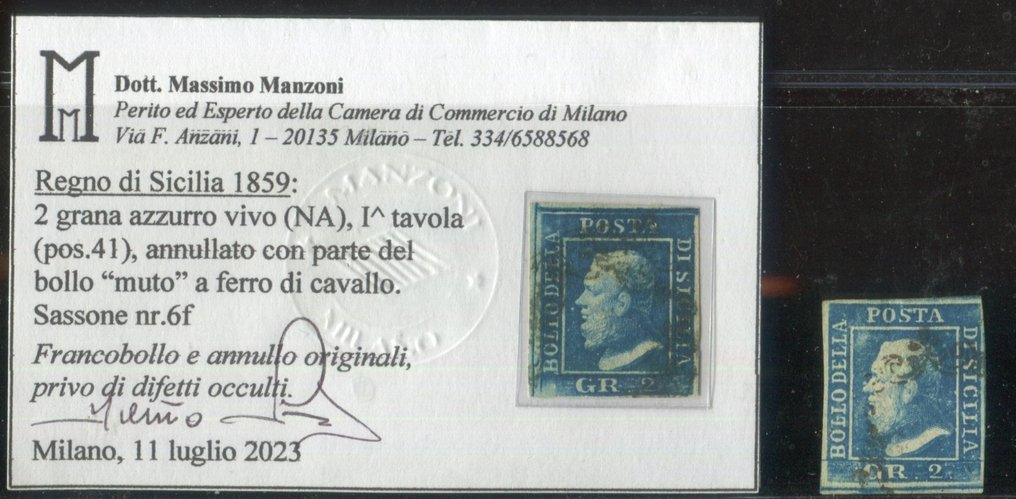 Antichi Stati Italiani Sicilia 1859 2 Grana Azzurro Vivo Carta