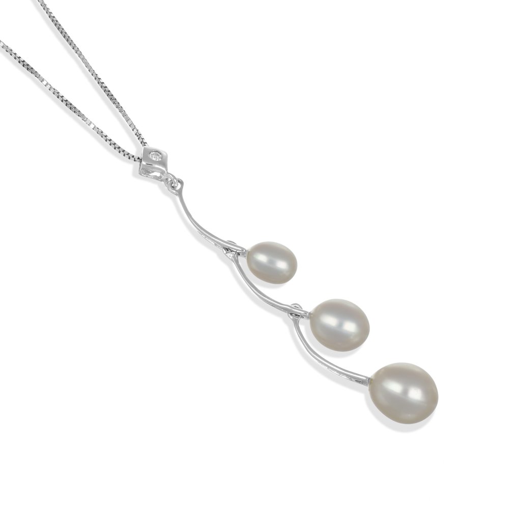 Necklace with pendant - 18 kt. White gold - 0.02ct. tw. Diamond (Natural) - Pearl - auction ...