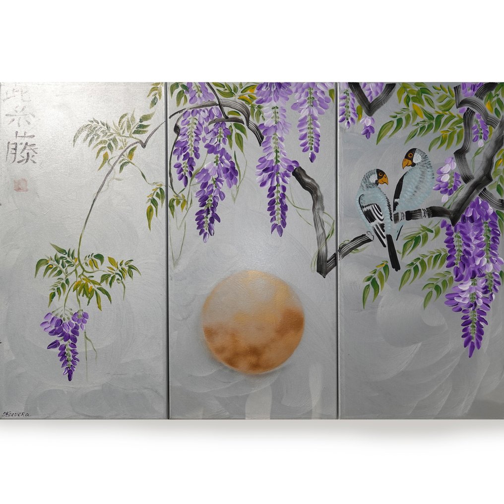 Ksavera - Japanese wisteria J221 - silver painting XXL - triptych - auction online Catawiki