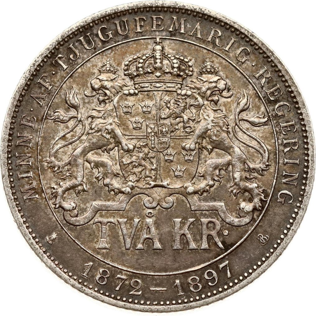 Sweden. Oscar II (1872–1907). 2 kronor, 25th Anniversary - Accession of King Oscar II 1897 (No ...