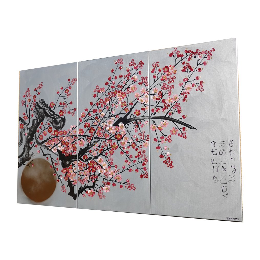 Ksavera - Japanese sakura J406 - silver triptych - XXL - 150cm - auction online Catawiki