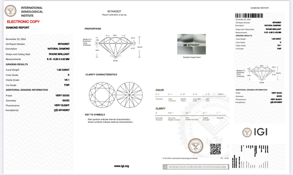 1 pcs Diamond (Natural) - 1.00 ct - Round - K - VS1 - International Gemological Institute (IGI ...
