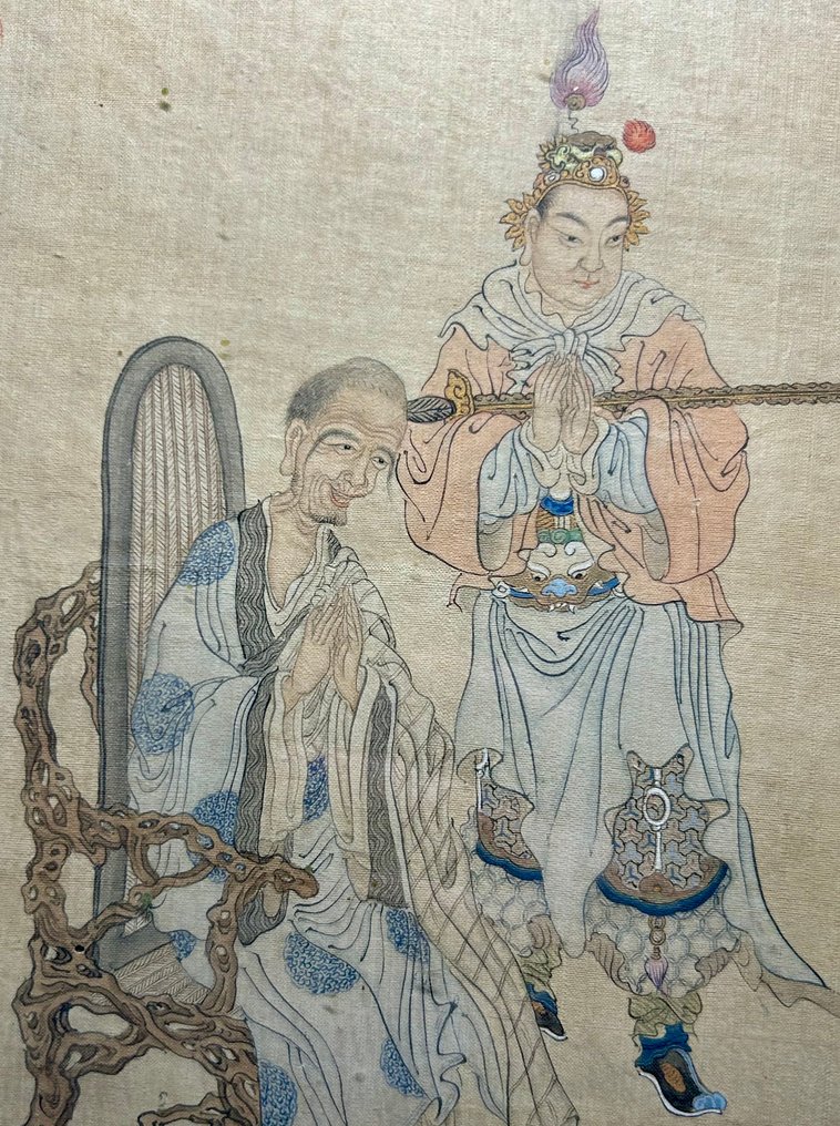 FINE ANTIQUE PAINTING ON SILK, ARHAT ON HIS CHAIR WITH DHAMO, FRAMED ...