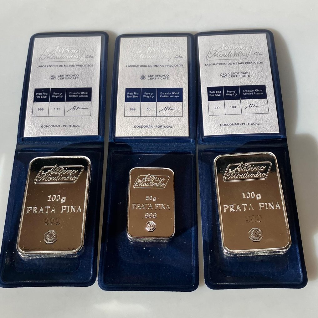 250 grams - 2 x 100g + 1 x 50 g - Argento .999 - Albino Moutinho - Con certificato - Catawiki