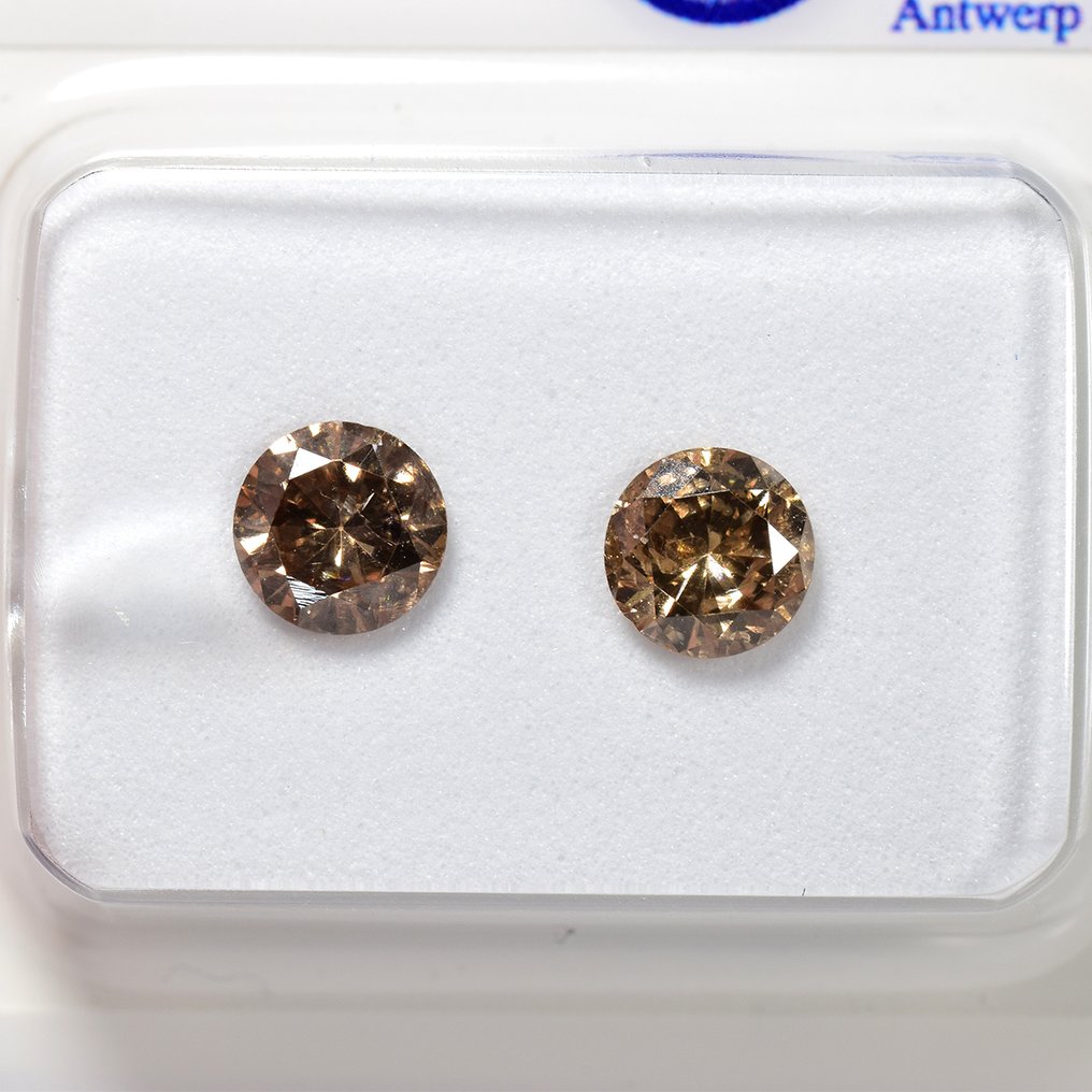 2 pcs Diamond (Natural coloured) - 0.73 ct - Round - Fancy Brown - I1 ...