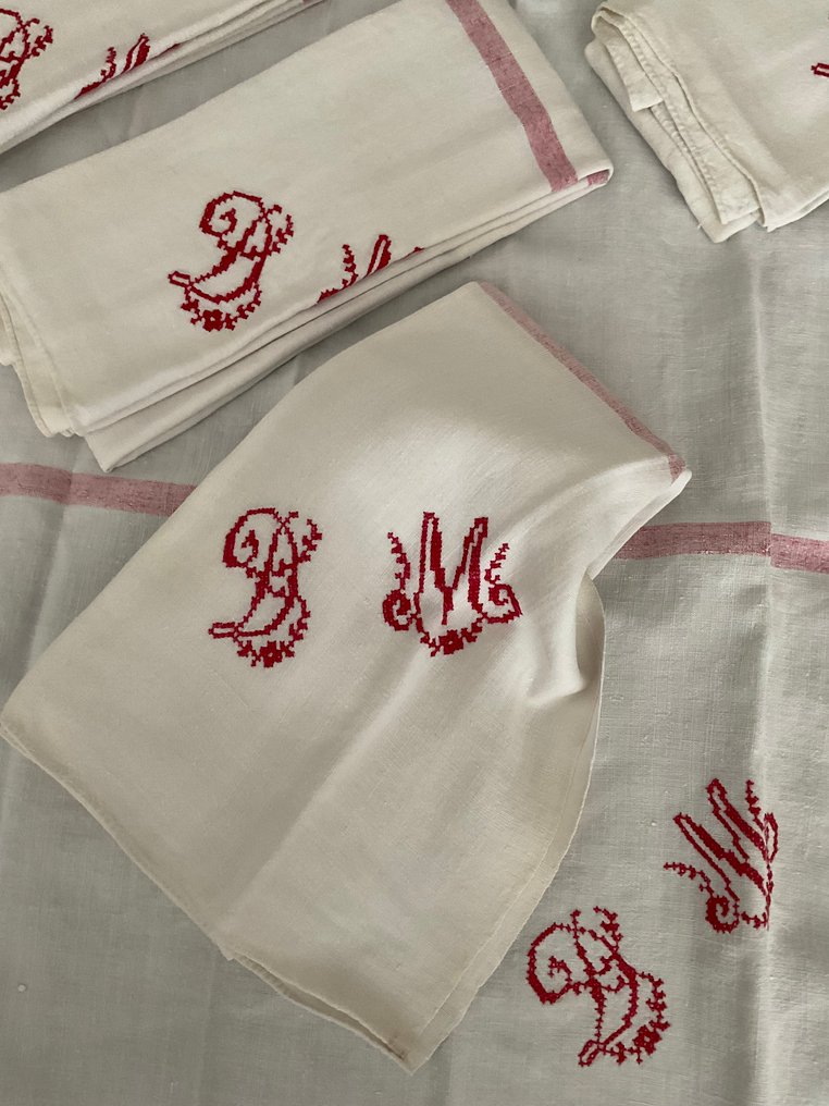 prachtige oude keukenhanddoeken rode strepen & sierlijke geborduurde ...