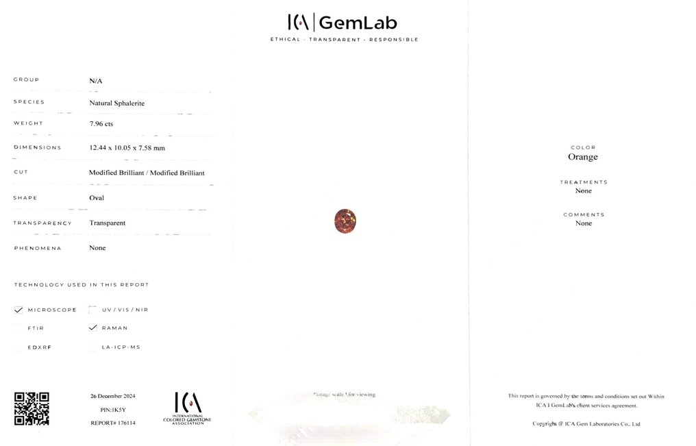 No Reserve Price Sphalerite - 7.96 ct - International Colored Gemstone Association (ICA GemLab ...
