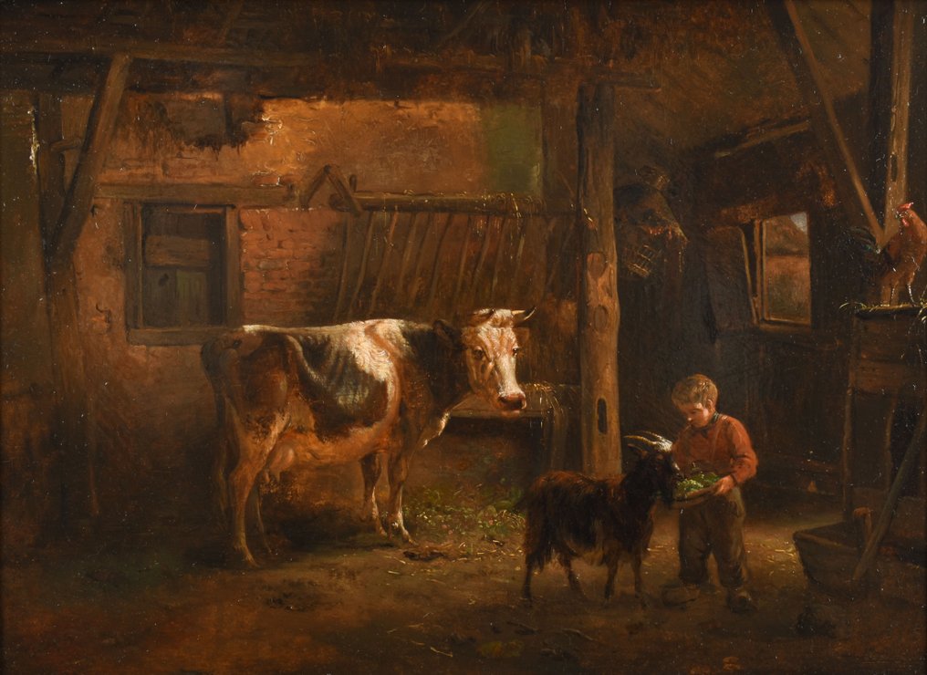 Albertus Verhoesen (1806-1881) - Barn interior with young farm hand ...