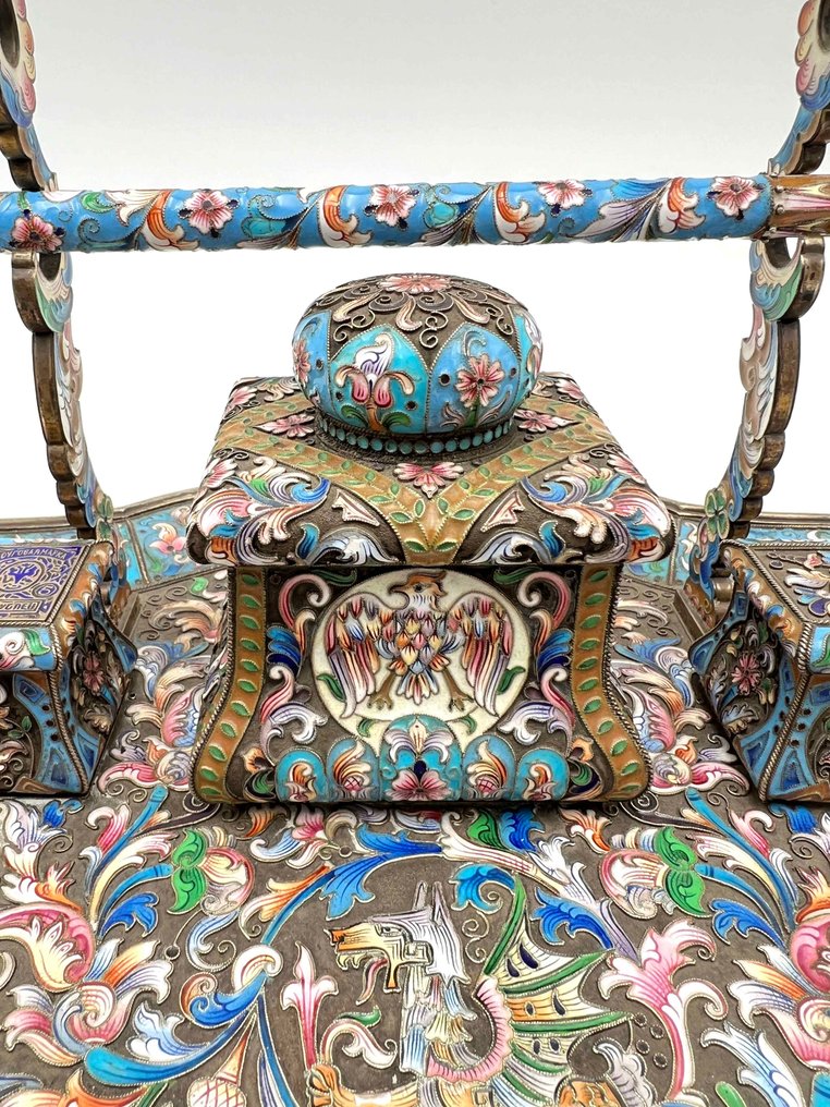 Russian Silver 84 - Feodor Ruckert - Desk set (7) - Enamel, Silver ...