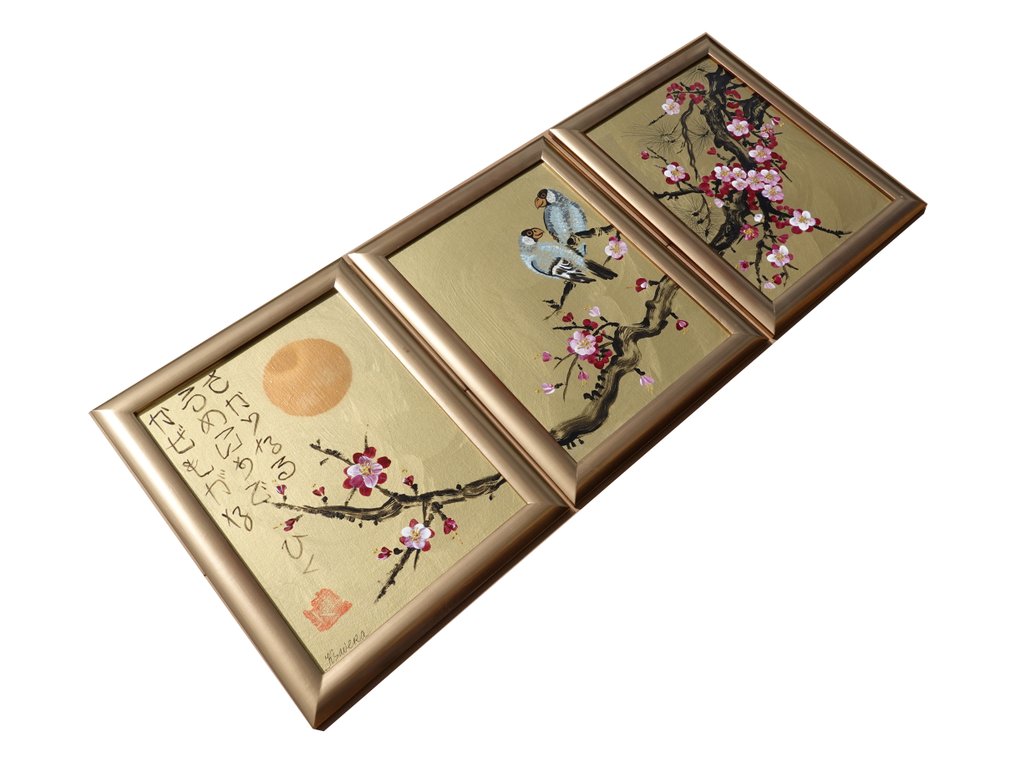 Ksavera - Japanese sakura J371 - triptych in gold frame - Catawiki