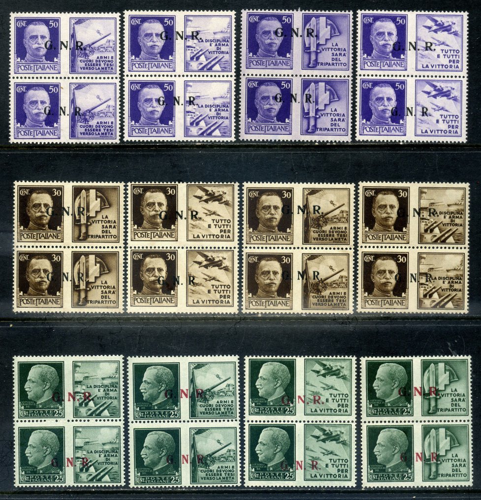 Italie 1944 - RSI - Propagande de guerre, série complète de 12 timbres GNR en surimpression ...