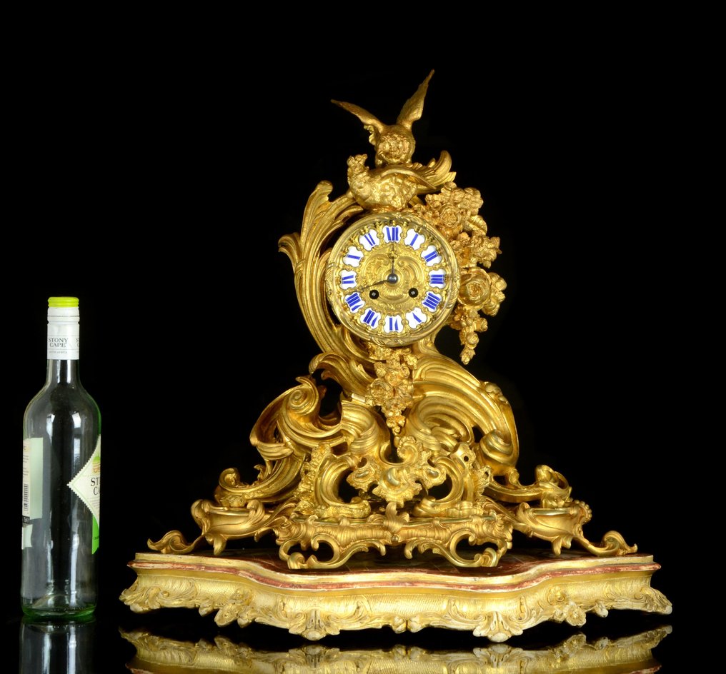 Large rococo style 'Birds, flowers, rocailles' French mantel clock with ...