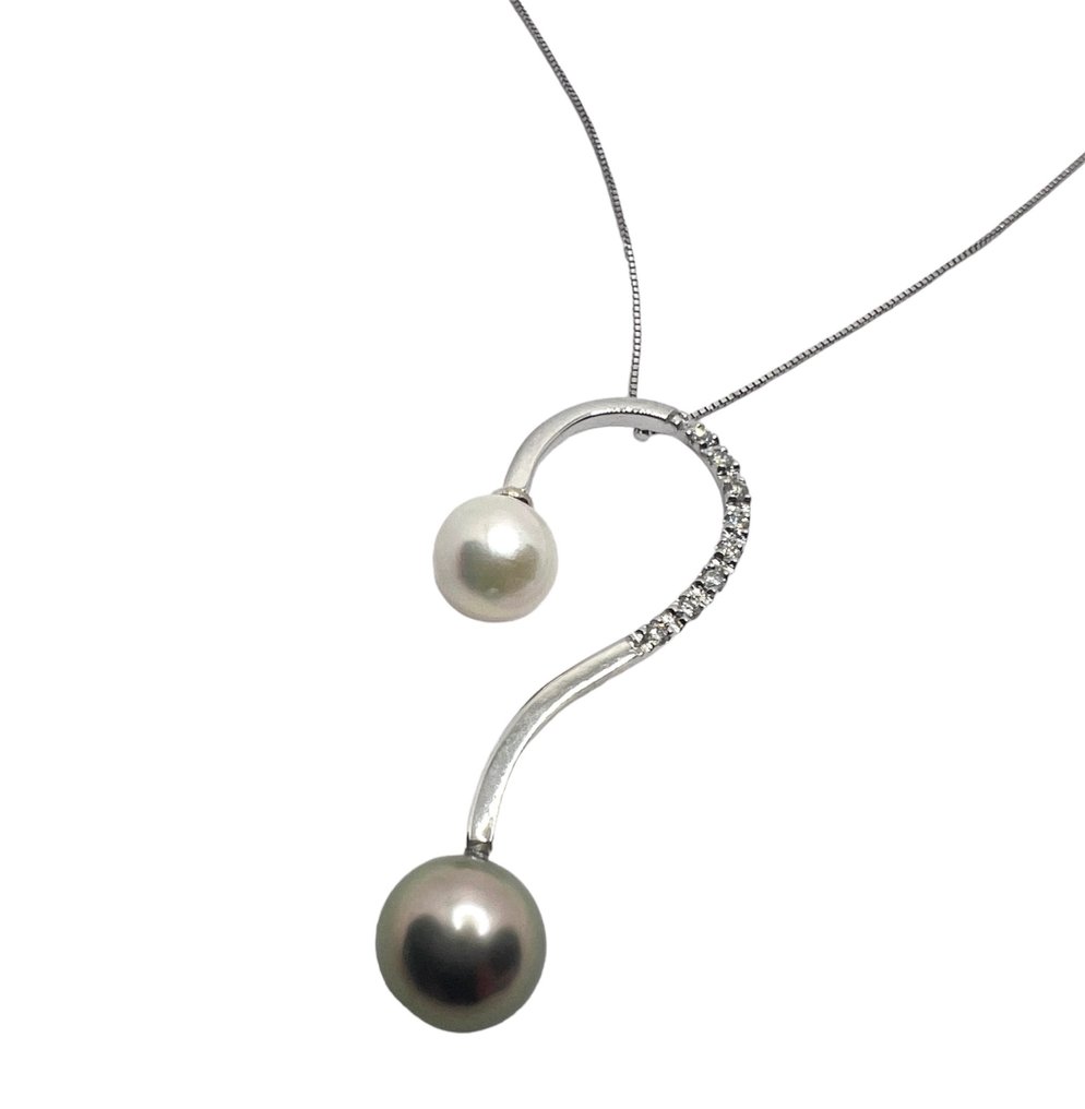 Necklace with pendant - 18 kt. White gold - 0.12ct. tw. Diamond (Natural) - Pearl - auction ...