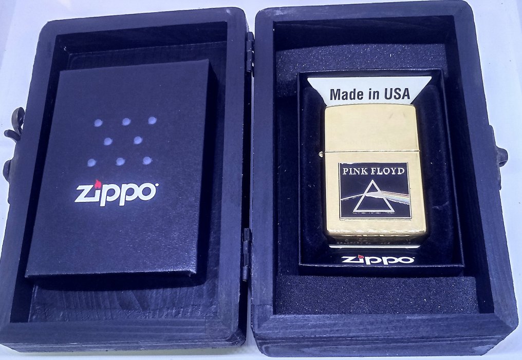 Zippo - Lighter - "PINK FLOYD" gold "Solid Brass" in wooden case. New ...