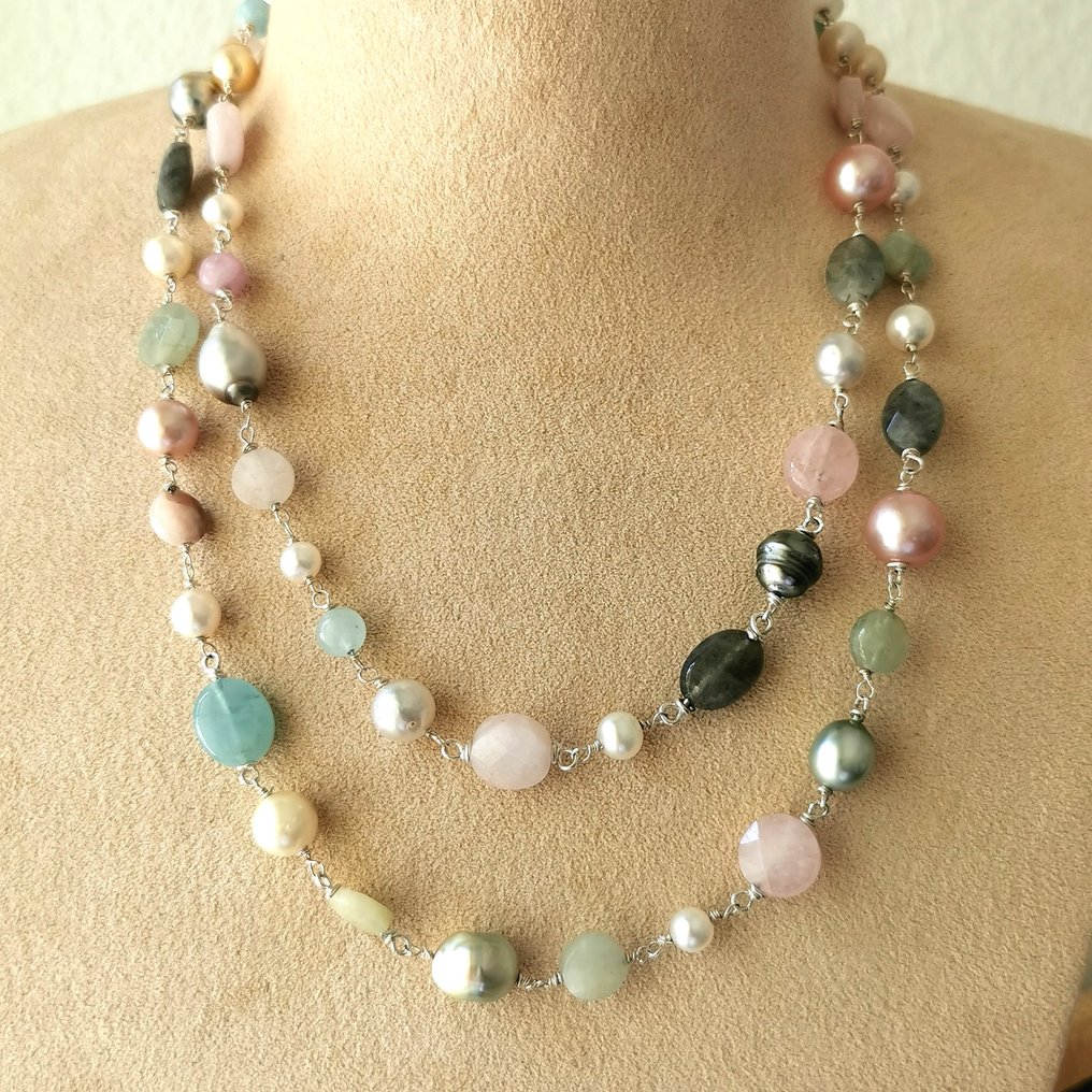 Necklace Silver Pearl - Mixed gemstones - Pastel pearls & stones ...