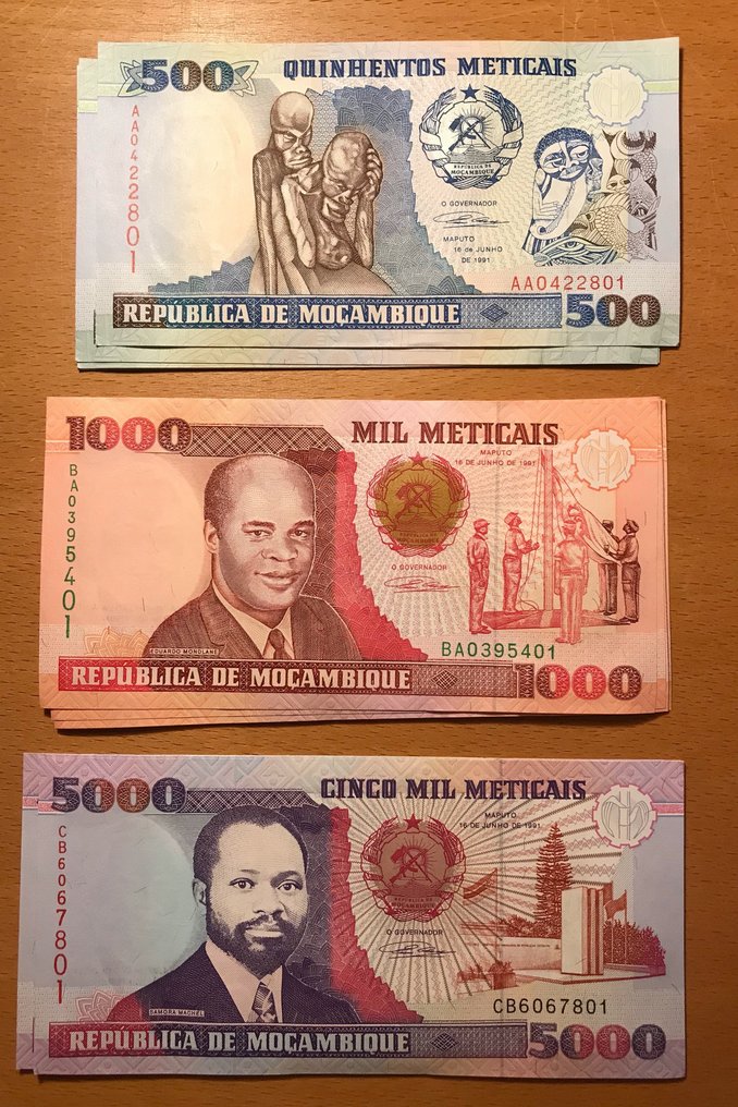 Mozambique. - 10 x 500, 1000, 5000 Metical 1991 (30 banknotes) - Pick ...