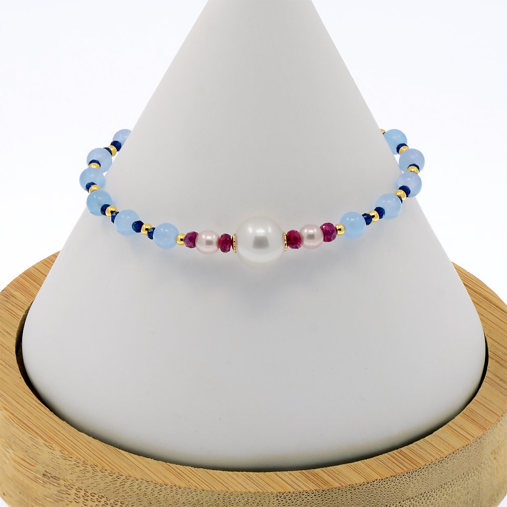 No Reserve Price - Arm ring - 18 kt. Yellow gold Pearl - Aquamarine ...