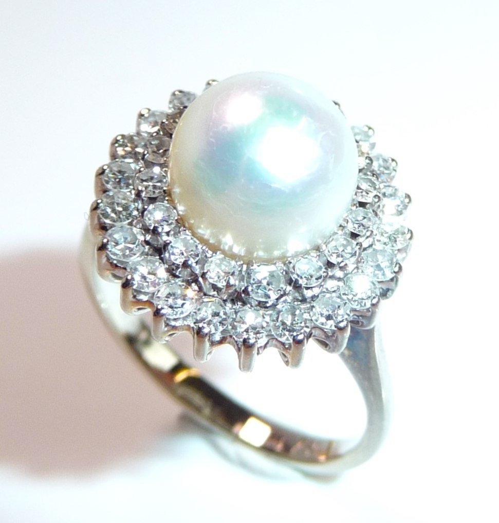 Ring - 18 kt. White gold - 0.80ct. tw. Diamond (Natural) - Pearl - Size ...