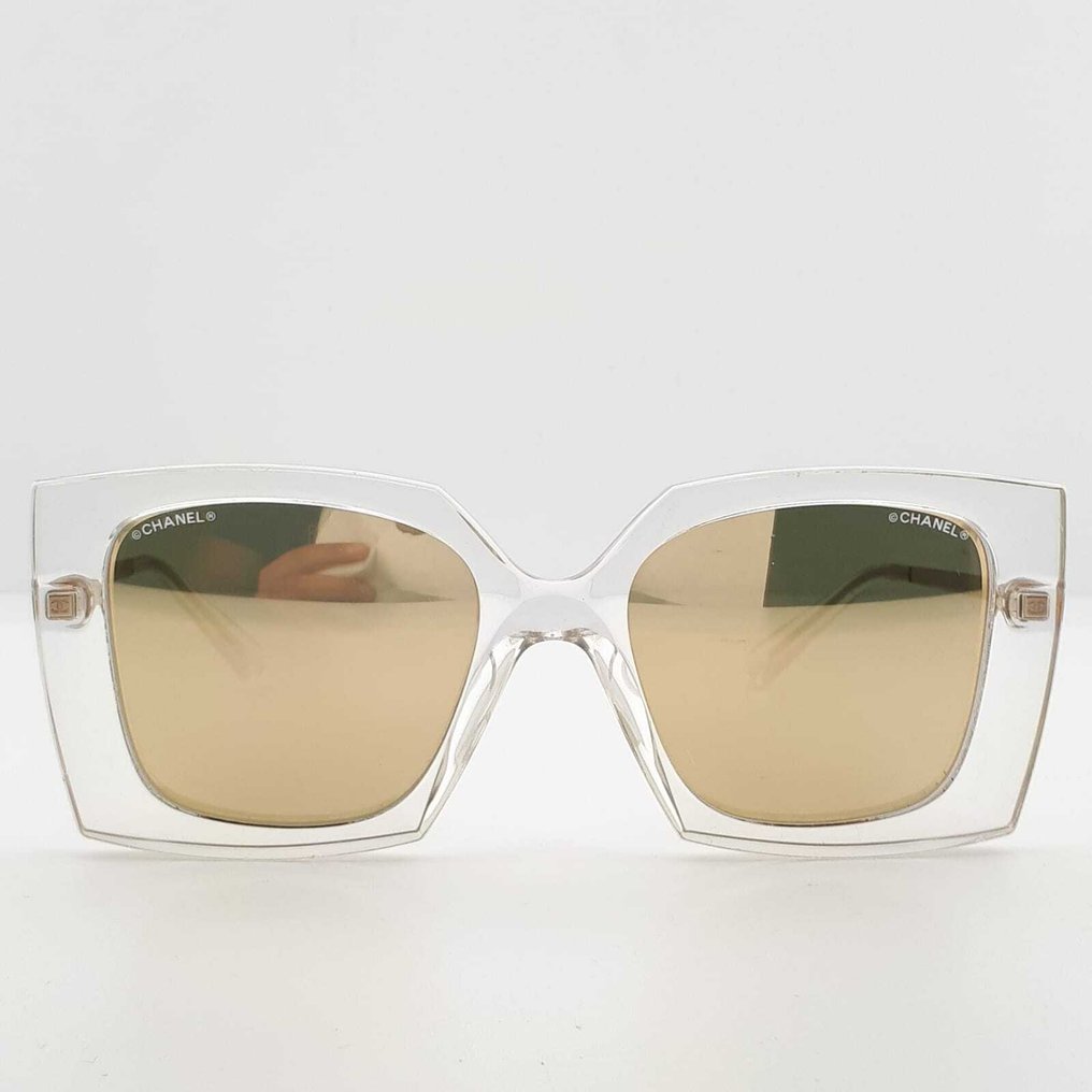 Chanel - Square Transparent & Gold Tone Temples with Gold Tone Mirror Coated Lenses - Sunglasses ...