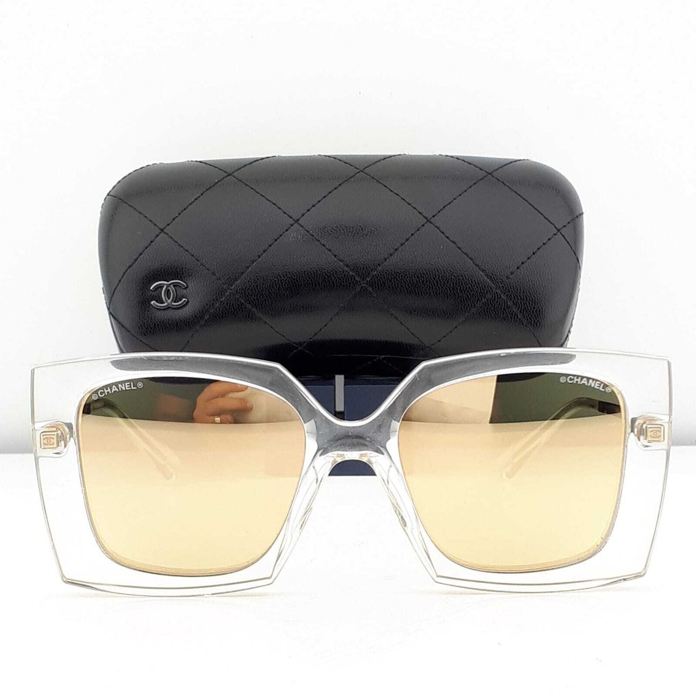 Chanel - Square Transparent & Gold Tone Temples with Gold Tone Mirror Coated Lenses - Sunglasses ...