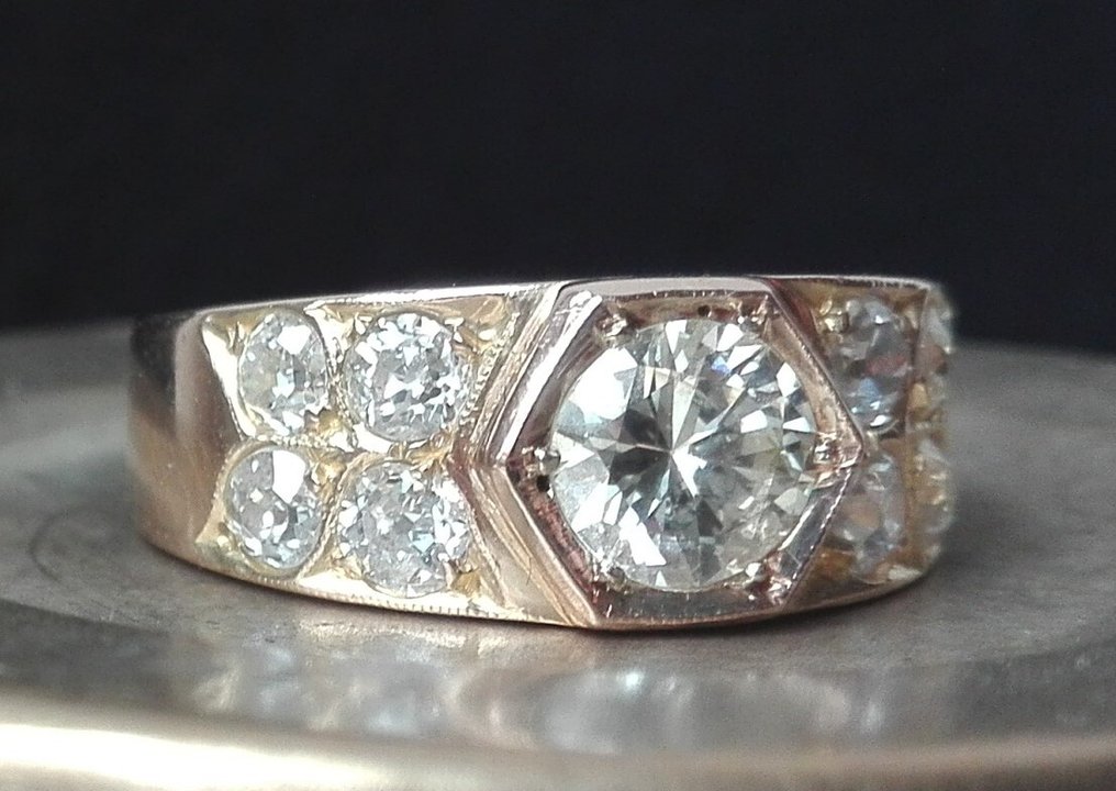 Ring - 14 kt. Rose gold - 1.45ct. tw. Diamond (Natural) - Diamond - Gold ring with 9 diamonds ...