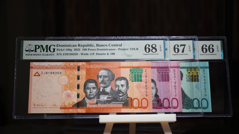 Dominican Republic. - 100, 200 and 500 Pesos Dominicanos - 2022 - all graded - Pick 190g, 191g ...
