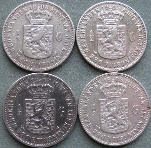 Nederland. Wilhelmina. 1/2 Gulden 1898-1905-1907-1908(4 stuks) (Zonder Minimumprijs) - online ...