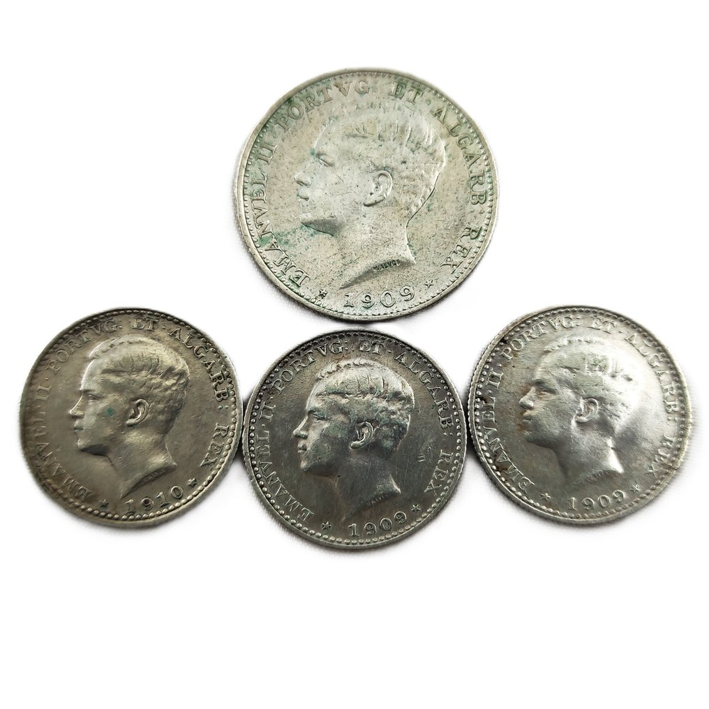 Portugal. Manuel II. 4 Silver Coins (3x 100 Reis + 1x 200 Reis): 12,42g 1909/1910 (No Reserve ...
