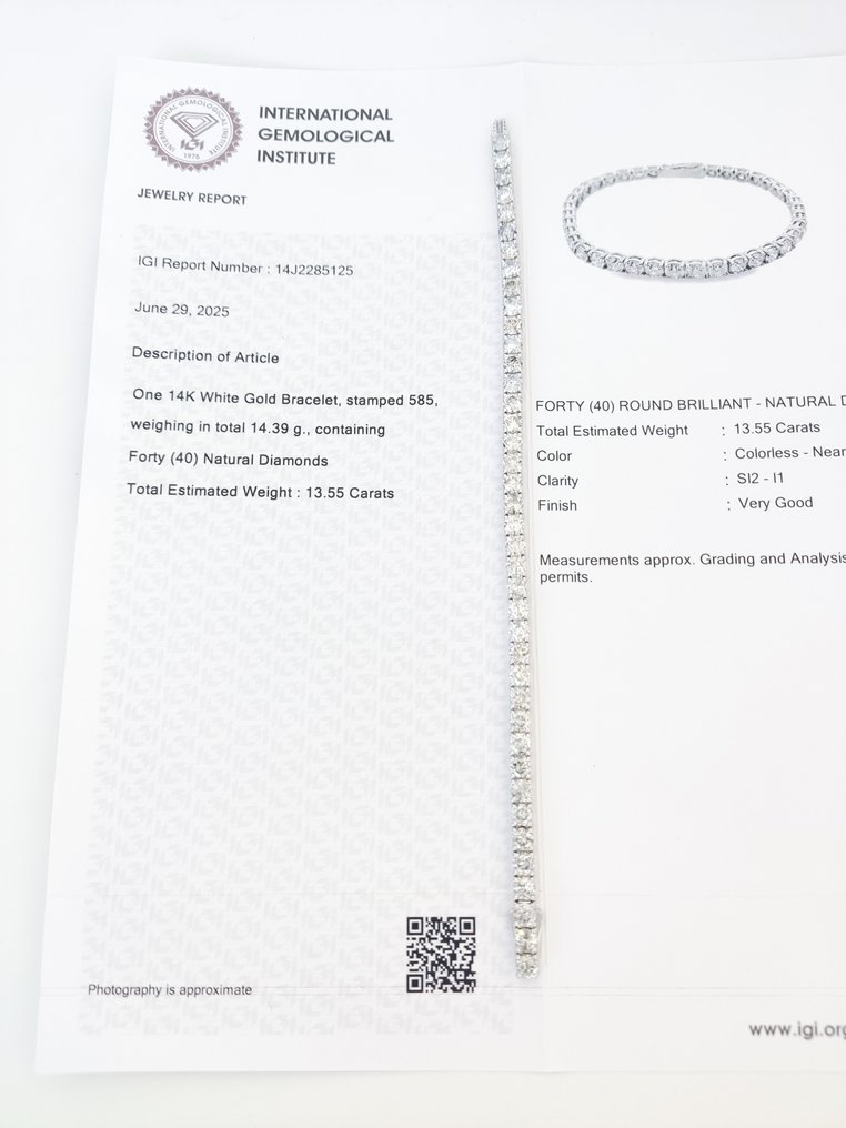 No Reserve Price - Bracelet - 14 kt. White gold - 13.55ct. tw. Diamond (Natural) - IGI ...