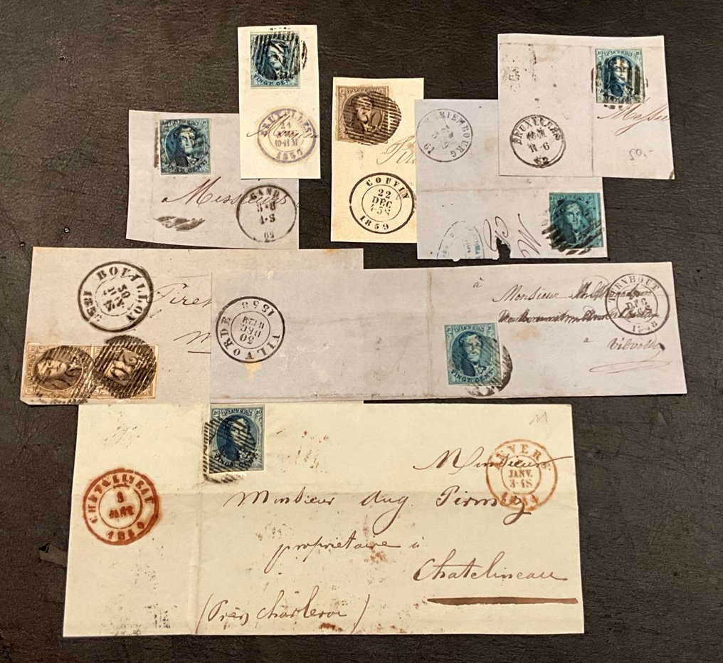 België 1854/1866 - Leopold I - Selectie Medaillons 10c +20c op fragmenten met datumstempels ...