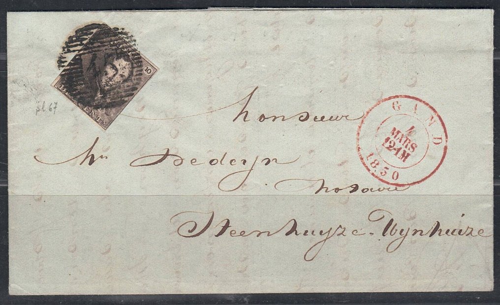 België 1849 - Brief met OBP 1-V5 ( positie 62 ) van Gent naar Steenhuyze perceptie P 45 - OBP 1 ...