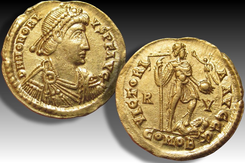 Romeinse Rijk. Honorius (393-423 n.Chr.). Solidus Ravenna mint circa ... Romeinse Rijk. Honorius (393-423 n.Chr.). Solidus Ravenna mint circa ...