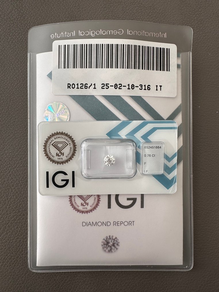 1 pcs Diamond (Natural) - 0.76 ct - Round - F - IF - International Gemological Institute (IGI ...