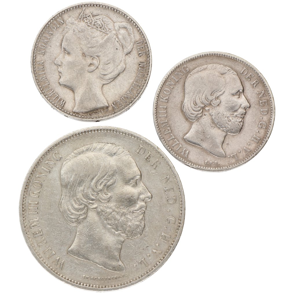 Netherlands. Willem III, Wilhelmina. 1 Gulden, 2½ Gulden 1863/1907 (3 stuks) (No Reserve Price ...