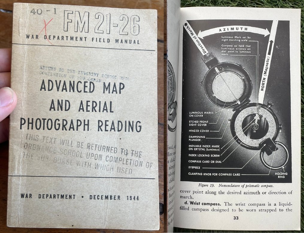 WW2 US Army Map / Compass Manual - Maintenance, use, wrist compass ...