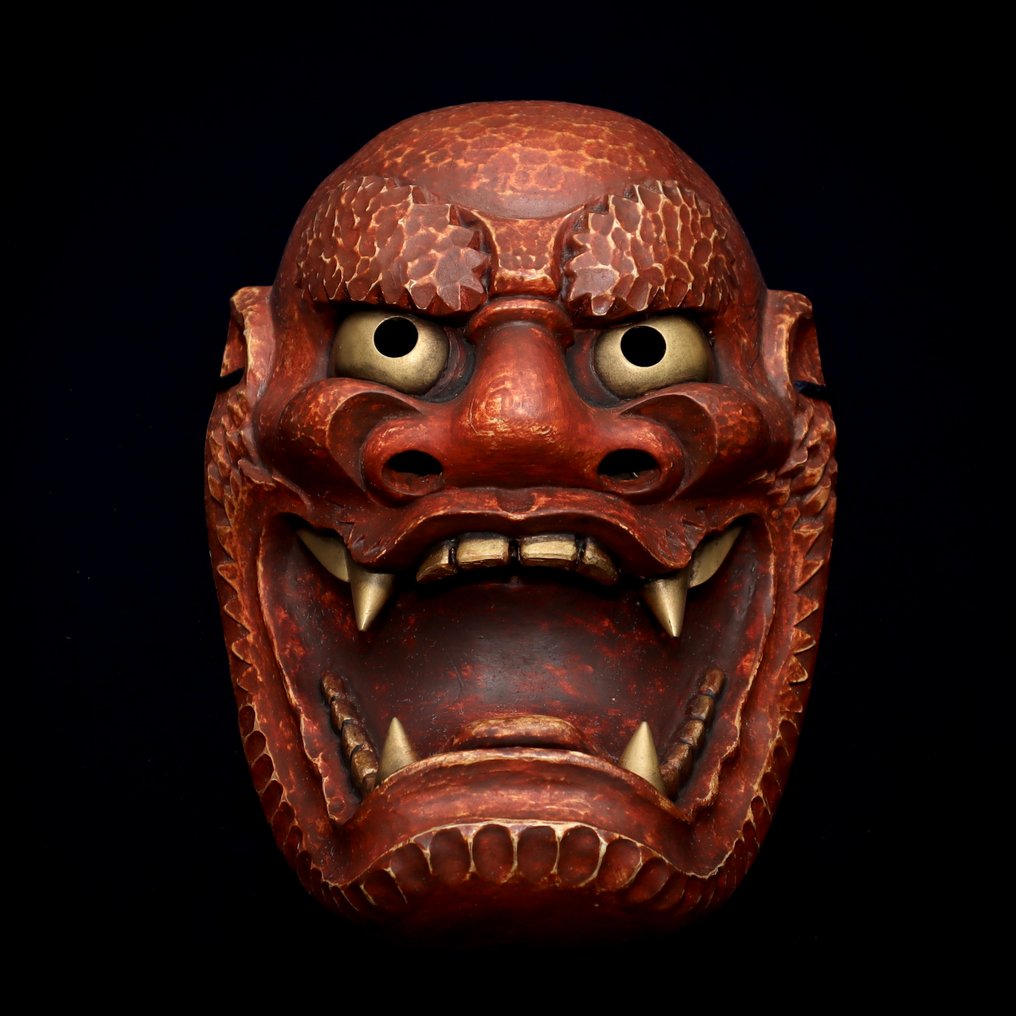 Rare - Japan Wooden Noh Mask of Ikazuchi 雷 (meaning “Thunder”) - with ...