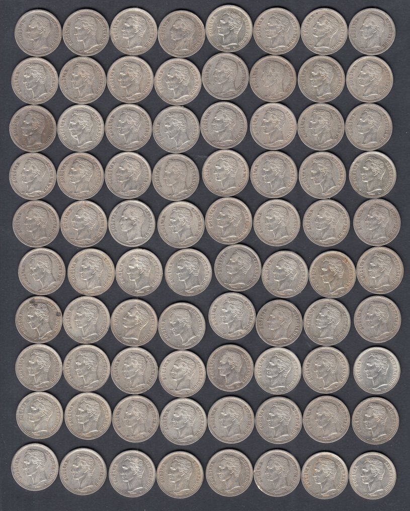 Venezuela. 80 x 1 Bolivar Coins. 0.835 silver. Weight 398.48 grams ...