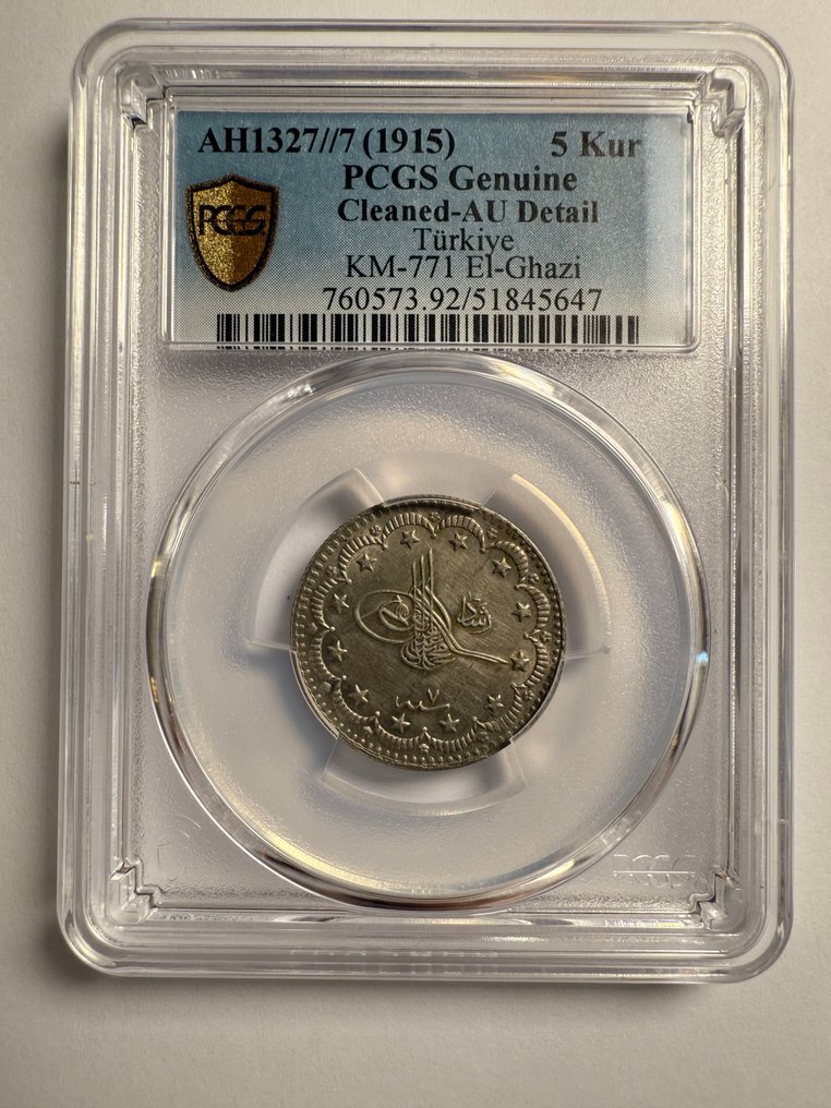 Ottoman Empire. 5 Kurush 1327// 7 (1915)- PCGS Graded Cleaned-AU Details (No Reserve Price ...