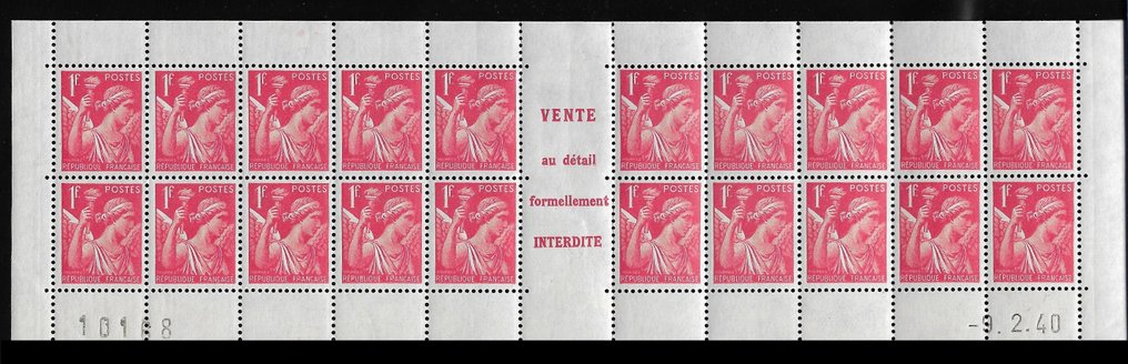 France 1940 - No. 433** 1Fr Iris not issued (not made) in complete booklet. - Yvert et Tellier ...