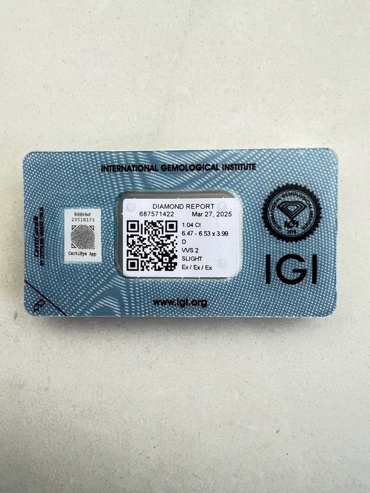 1 pcs Diamond (Natural) - 1.04 ct - Round - D (colourless) - VVS2 - International Gemological ...