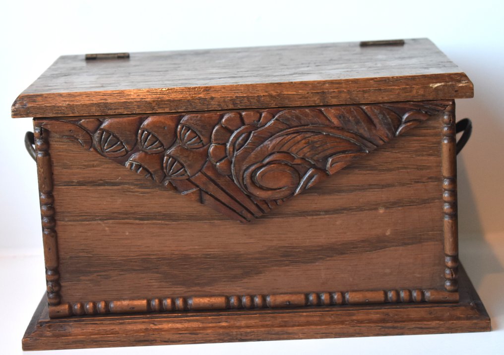 Decorative ornament - Antique writing box with wood carving and bronze ...