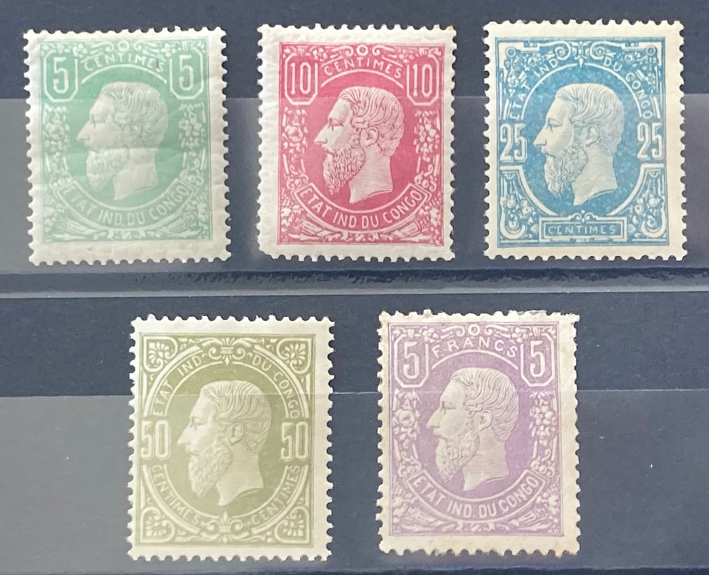 Belgian Congo 1886 - Leopold II's profile link: complete series of the 5 oldest seals. - OBP/COB ...