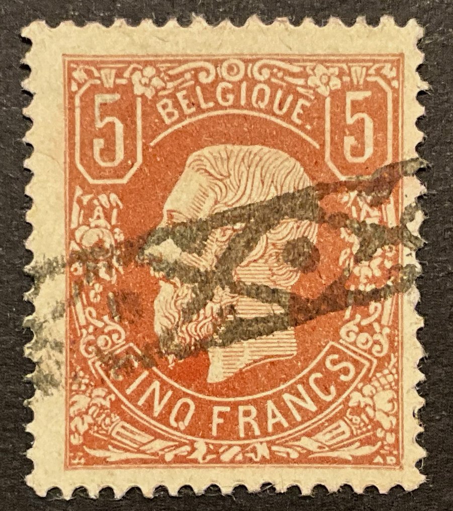 Belgique 1869/1883 - Leopold II 5 francs brun clair OBP 37A avec roulette, tamponnement - OBP ...