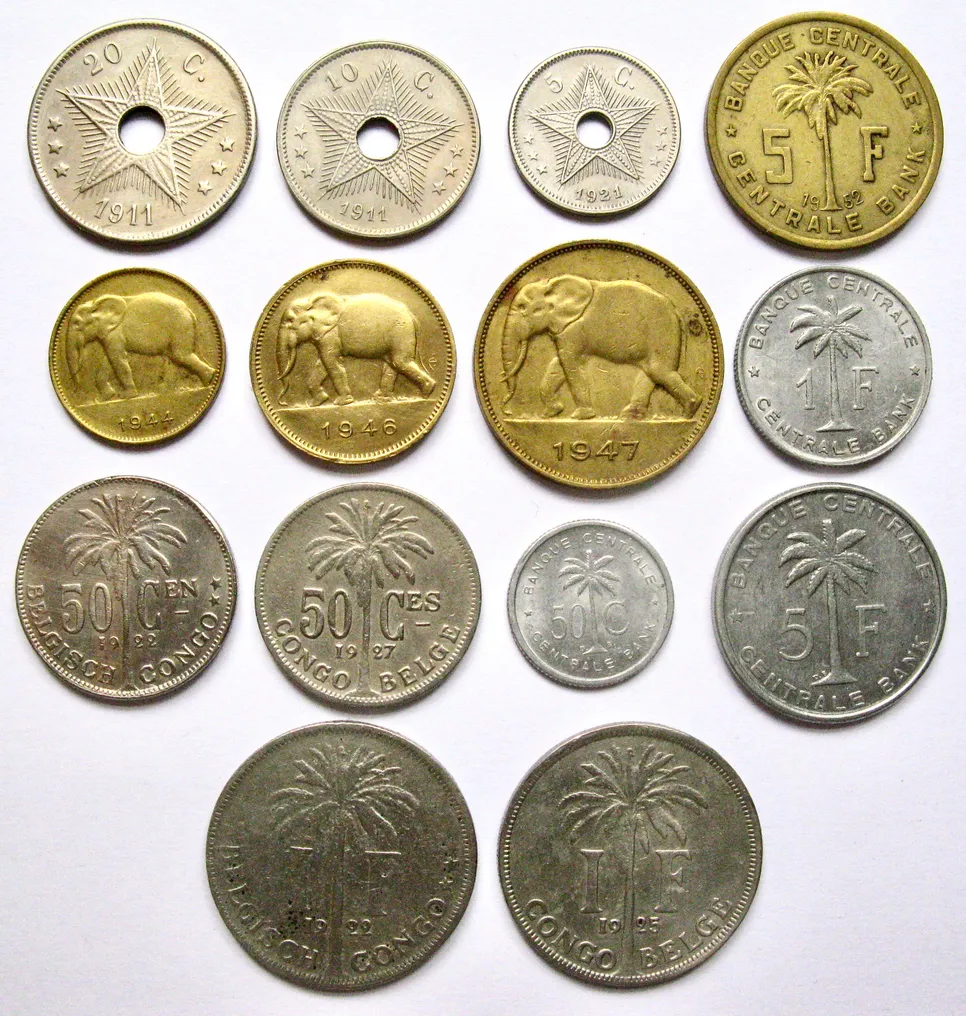 Congo Belga. Type collection of 14 coins 1911-1959 5 Centimes to 5 Francs (Sin Precio de Reserva ...