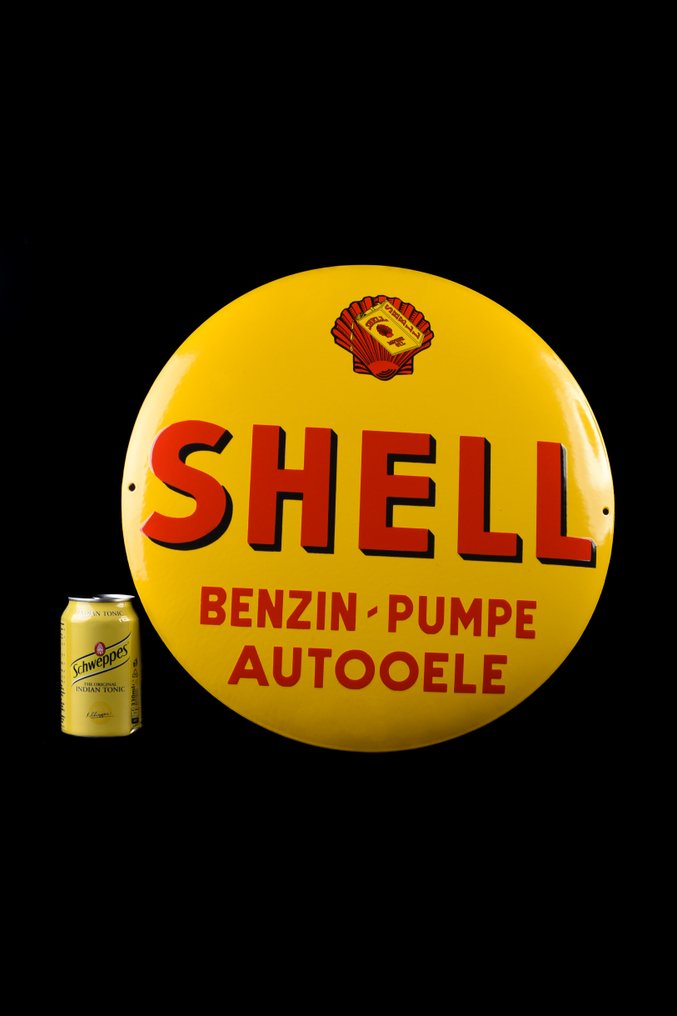 Sign - Shell - SHELL "BENZIN-pumpe" Autooele; enamel sign; 410mm dia ...