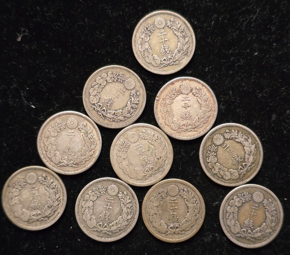 日本. 20 Sen Lot of 10coins, 20 Sen Meiji.39 /40/41year(1906-1909) (沒有保留價) - Catawiki