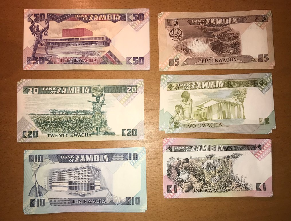 Zambia. - 10 x 1, 10 x 2, 10 x 5, 10 x 10, 10 x 20, 10 x 50 Kwacha ND (1980/1988) - Pick 23b ...