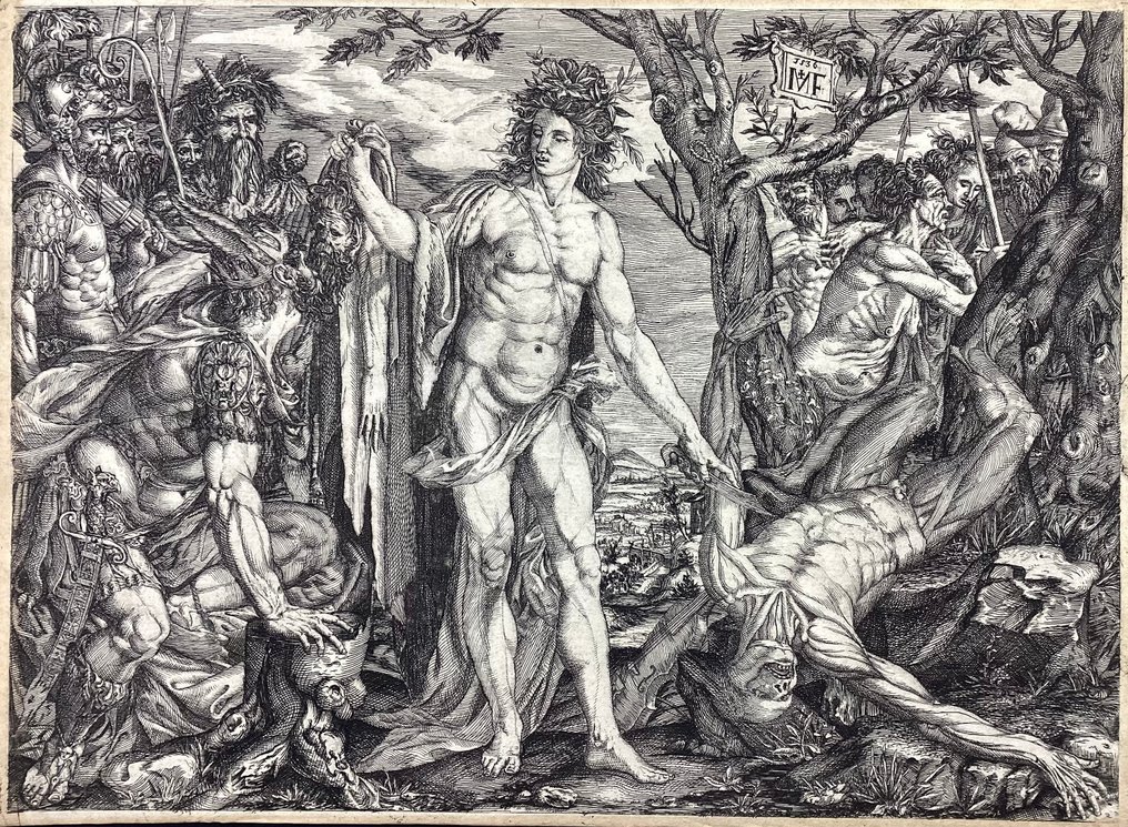 Melchior Meier (att. 1572-1582), inc. Monogrammista MF - Apollo e Marsia (e il Giudizio di Mida ...