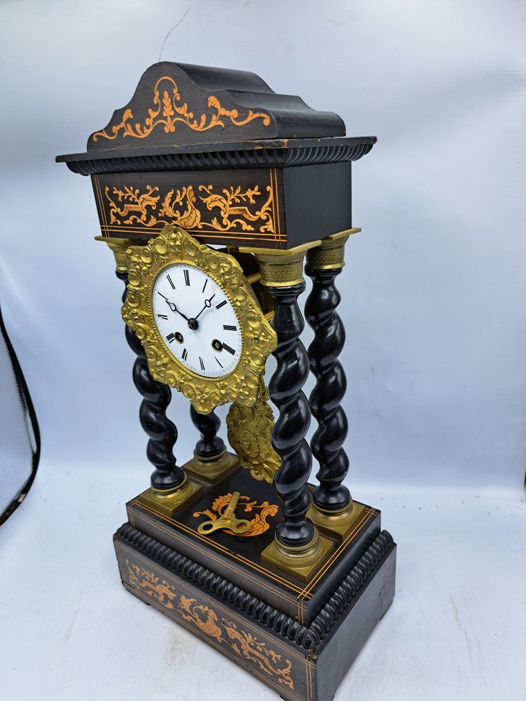 Portico klok - Antiek Brons, Hout, Messing - 1850-1900 - Intarsia Kolompendule - online veiling ...